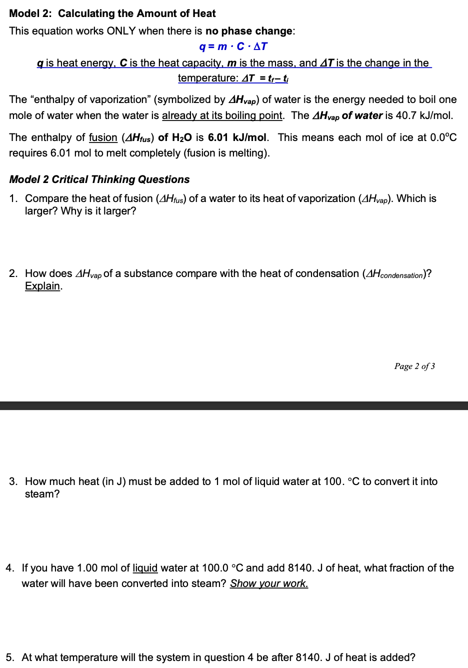 Solved Model 2: Calculating the Amount of Heat This equation | Chegg.com