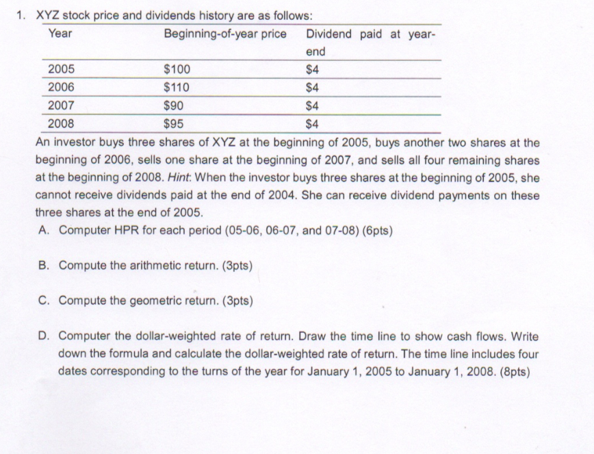 Solved 1. XYZ stock price and dividends history are as | Chegg.com