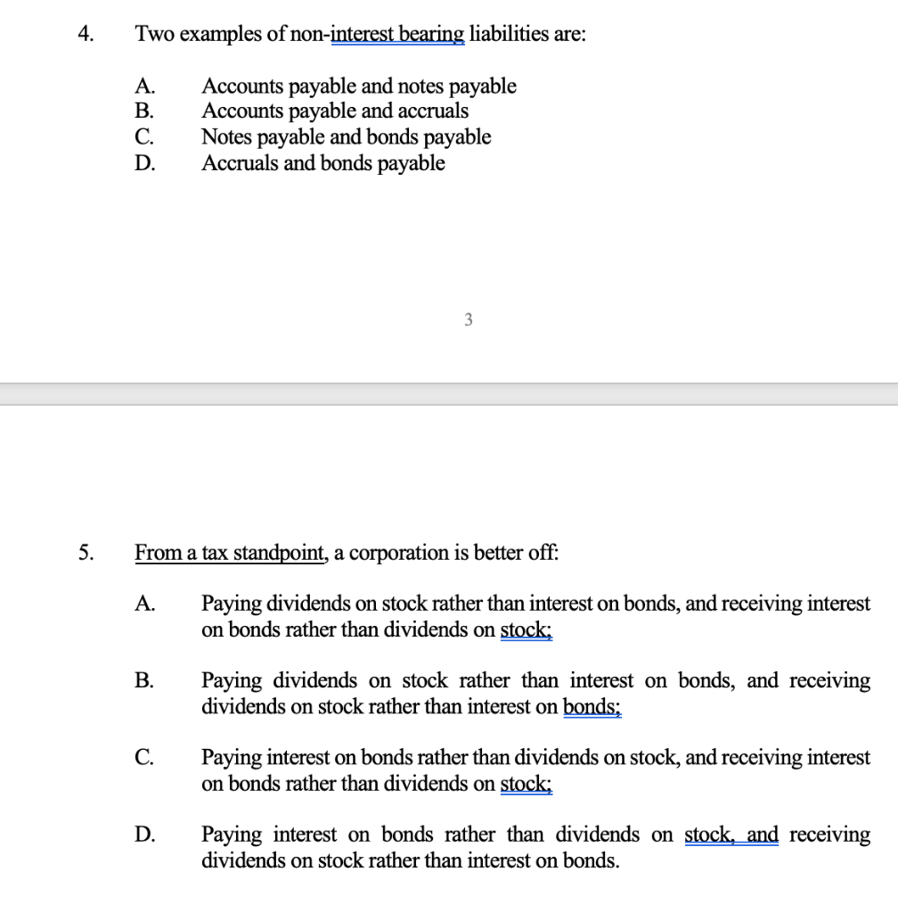Solved 4. Two examples of non-interest bearing liabilities | Chegg.com