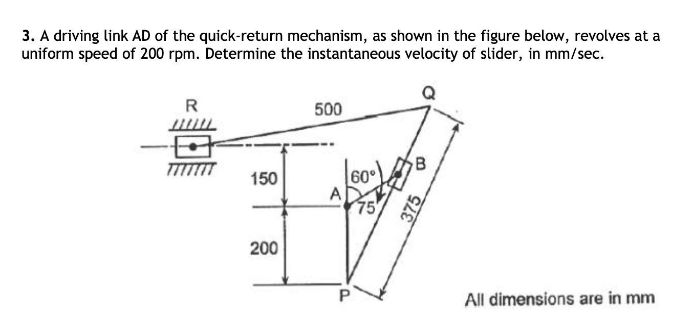 Solved 3. A driving link AD of the quick-return mechanism, | Chegg.com