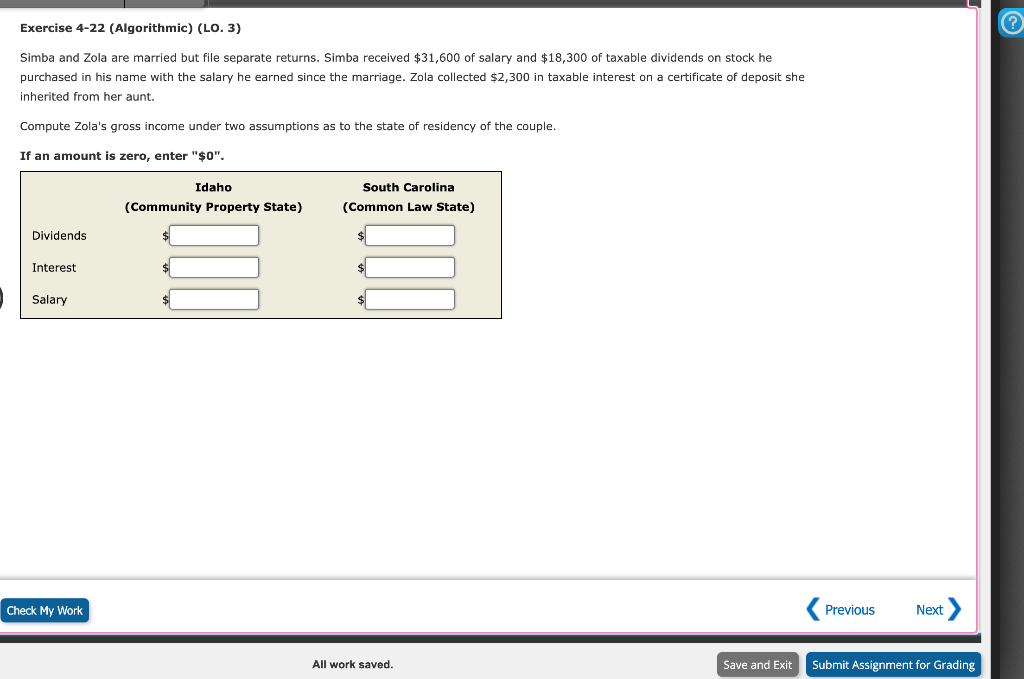 Solved Exercise 4-22 (Algorithmic) (LO. 3) Simba and Zola | Chegg.com