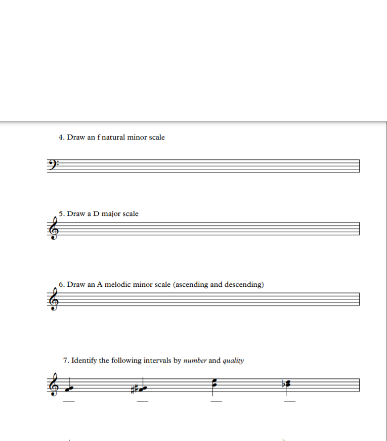 4. Draw an f natural minor scale 5. Draw a D major | Chegg.com