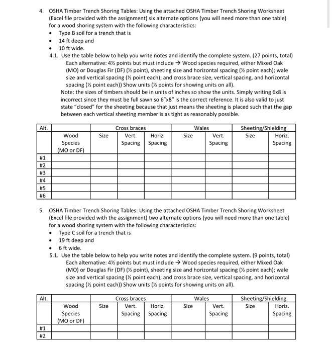 4. OSHA Timber Trench Shoring Tables: Using the | Chegg.com