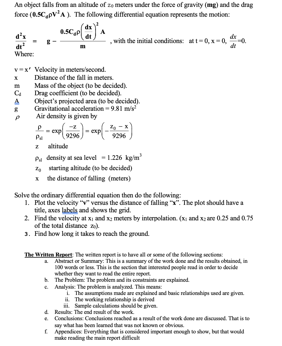 Solved An object falls from an altitude of zo meters under | Chegg.com