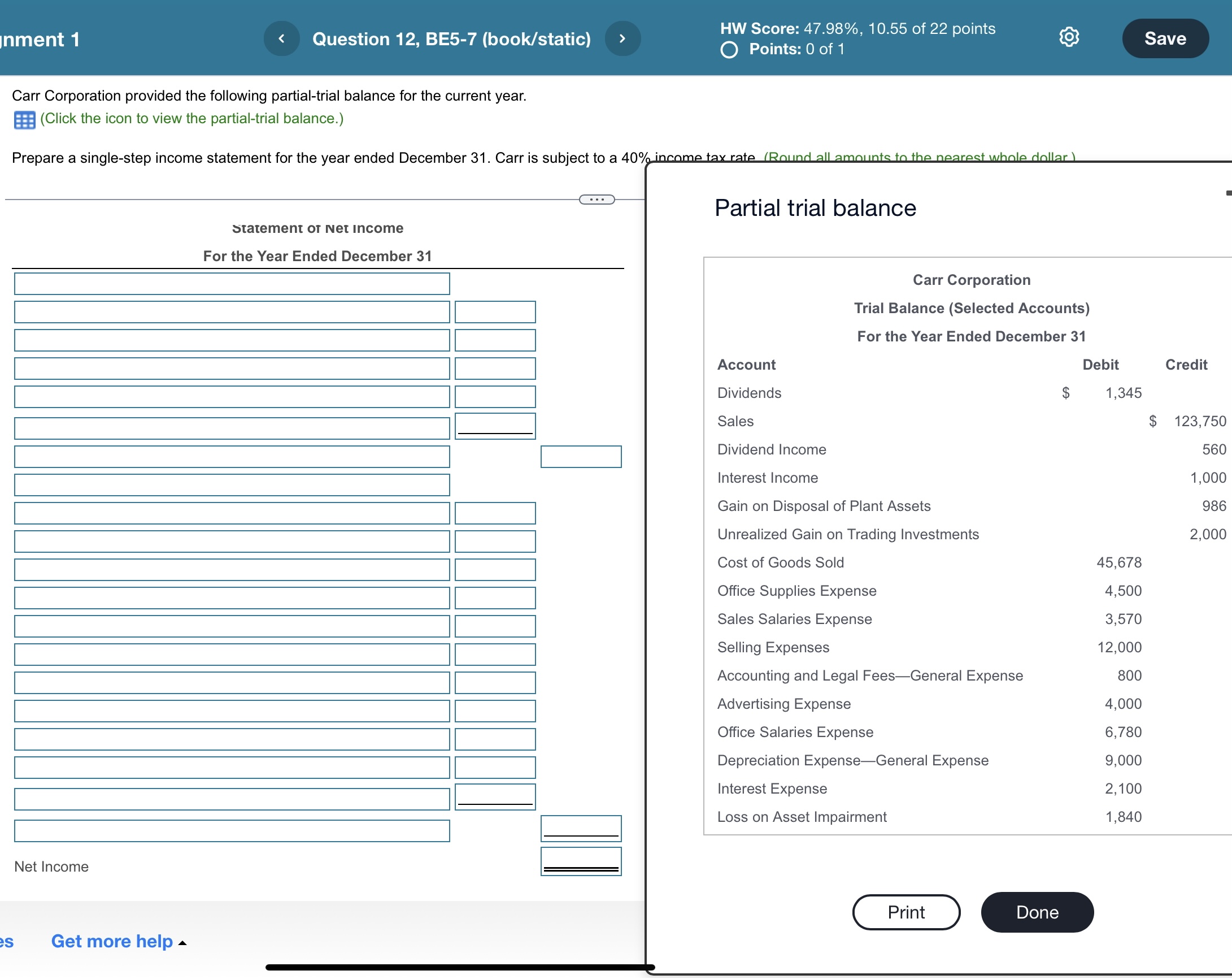 Solved Carr Corporation provided the following partial-trial | Chegg.com