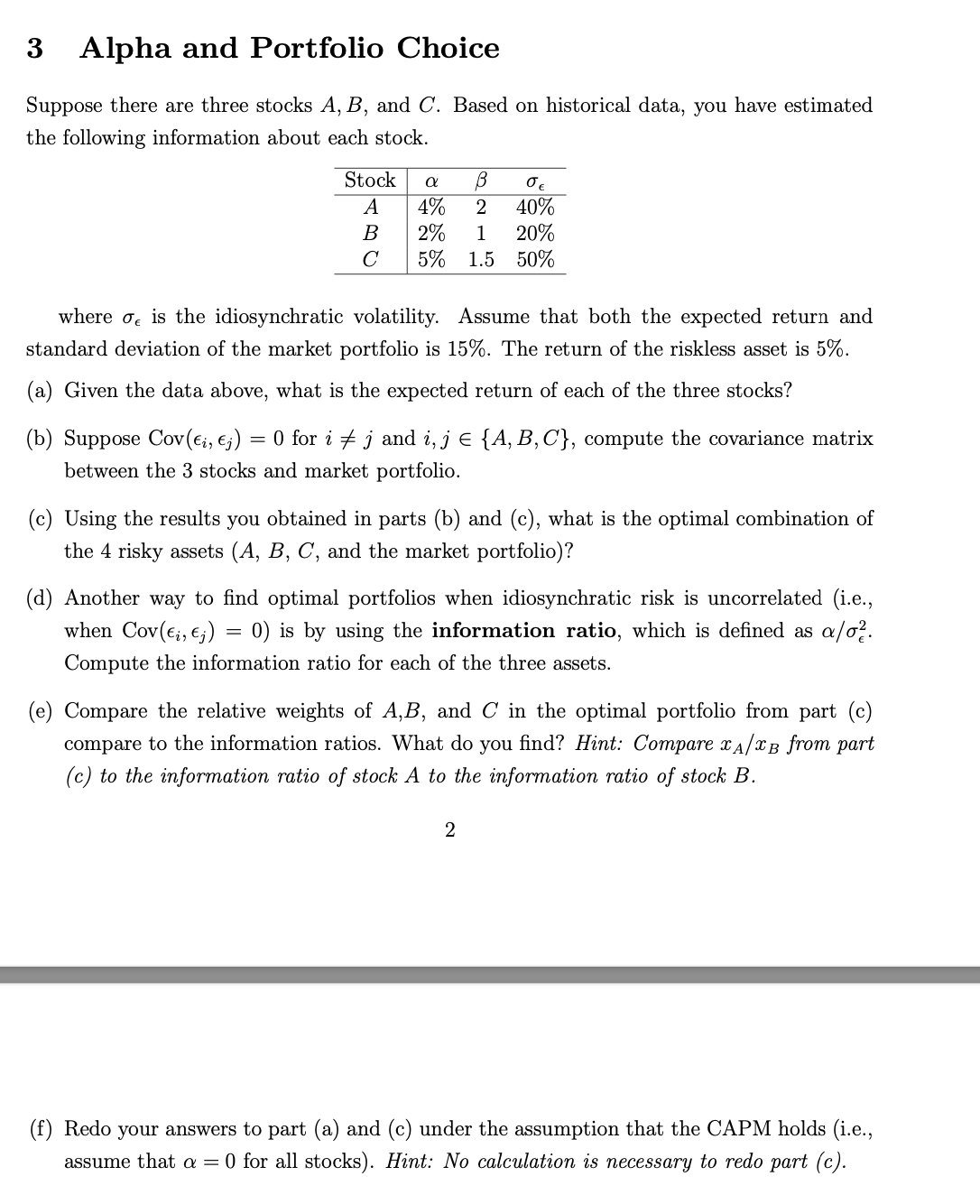 Solved 3 Alpha And Portfolio Choice Suppose There Are Three