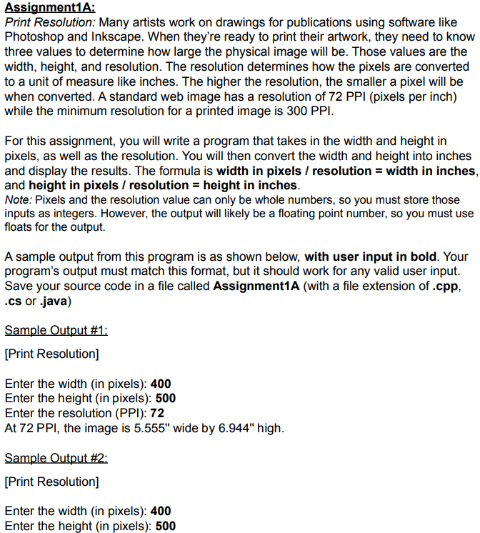 Solved Assignment1A: Print Resolution: Many artists work on | Chegg.com