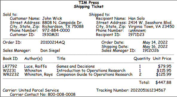 Solved The following figure shows a shipping ticket sent to | Chegg.com
