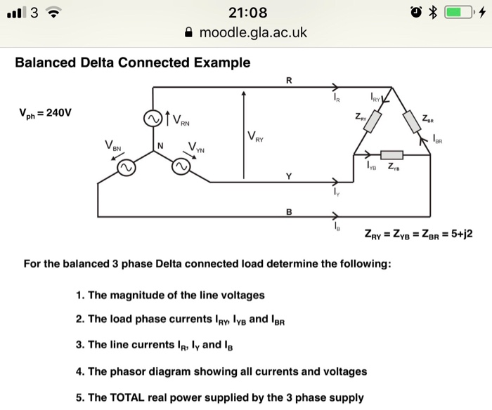 Solved 21:08 a moodle.gla.ac.uk Balanced Delta Connected | Chegg.com