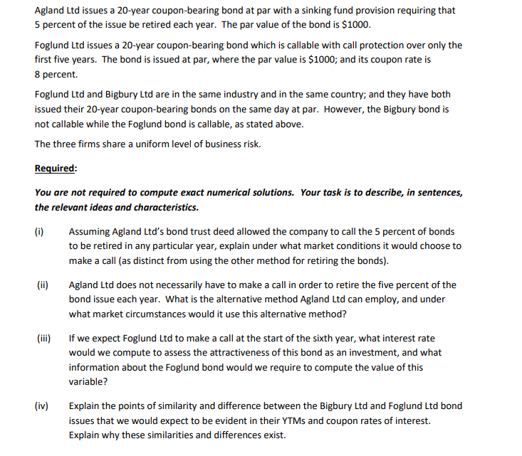Solved Agland Ltd issues a 20-year coupon-bearing bond at | Chegg.com