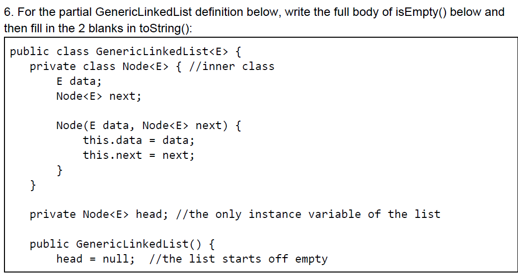 Solved 6. For the partial GenericLinked List definition | Chegg.com