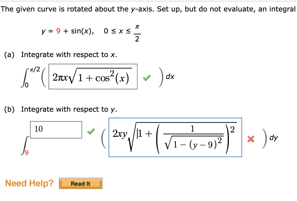 Solved The given curve is rotated about the y-axis. Set up, | Chegg.com