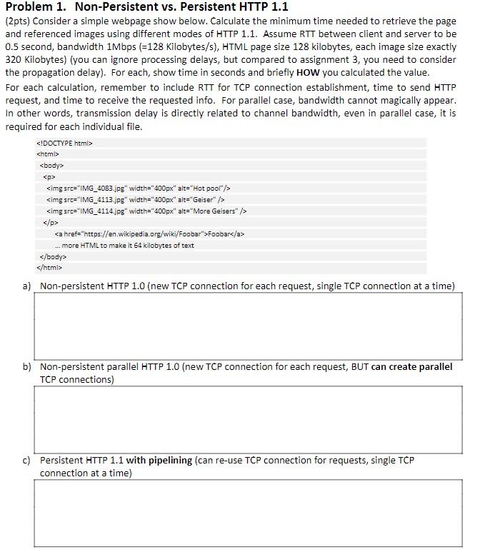 Problem 1. Non-Persistent vs. Persistent HTTP 1.1 | Chegg.com