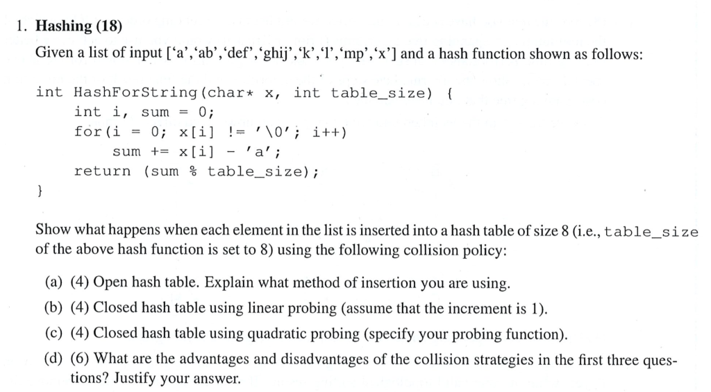 Solved 1. Hashing (18) Given a list of input ['a','ab', | Chegg.com