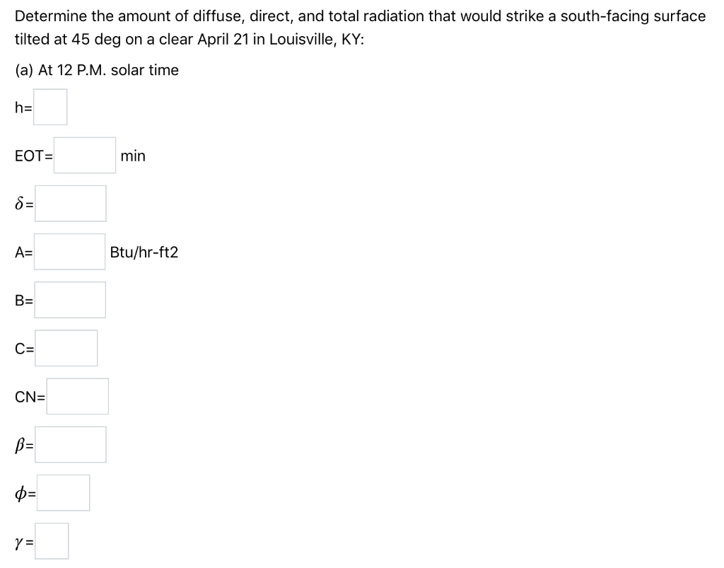 Determine the amount of diffuse, direct, and total | Chegg.com