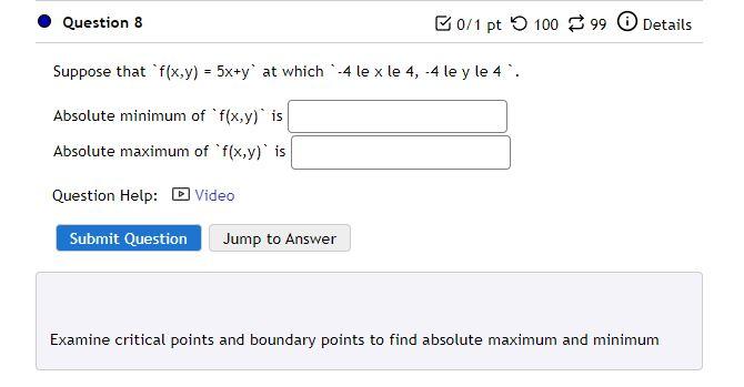 Solved Suppose that ' f(x,y)=5x+y ' at which ' −4 le x le | Chegg.com