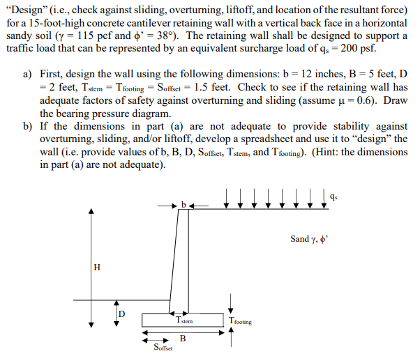 Solved “Design” (i.e., check against sliding, overturning, | Chegg.com