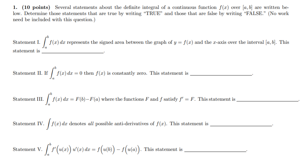 Solved 1. (10 points) Several statements about the definite | Chegg.com