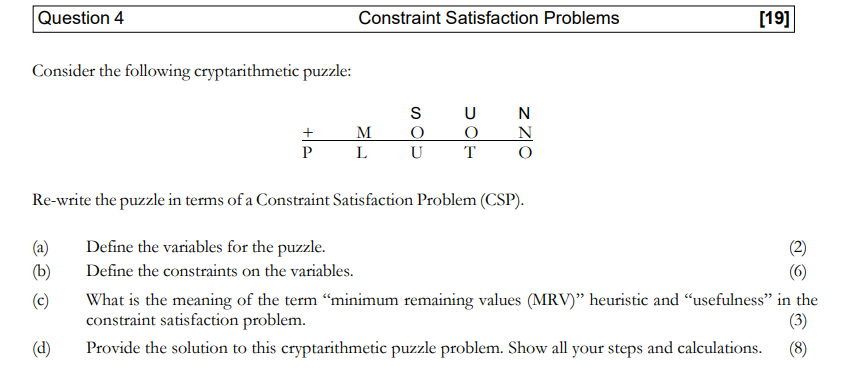 Solved Consider the following cryptarithmetic puzzle: | Chegg.com