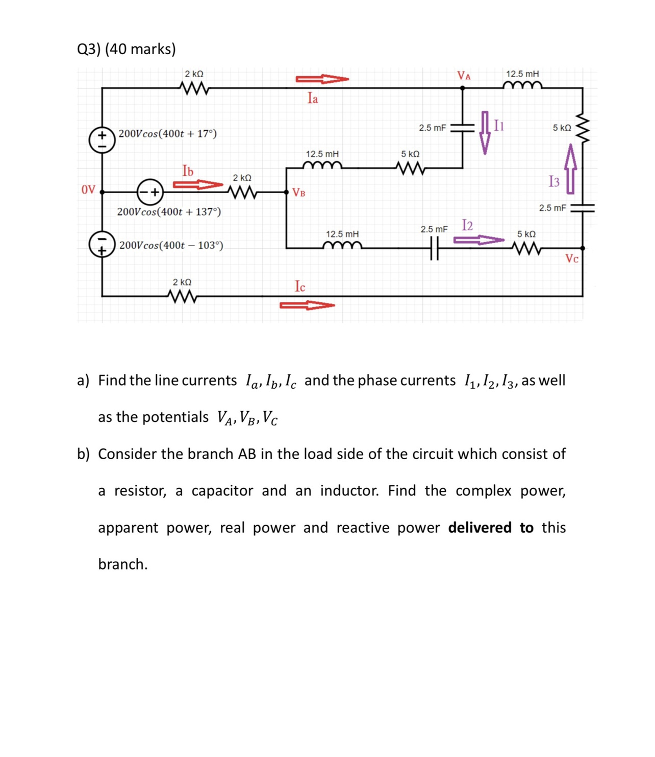 Solved Q3) (40 marks) a) Find the line currents Ia,Ib,Ic and | Chegg.com