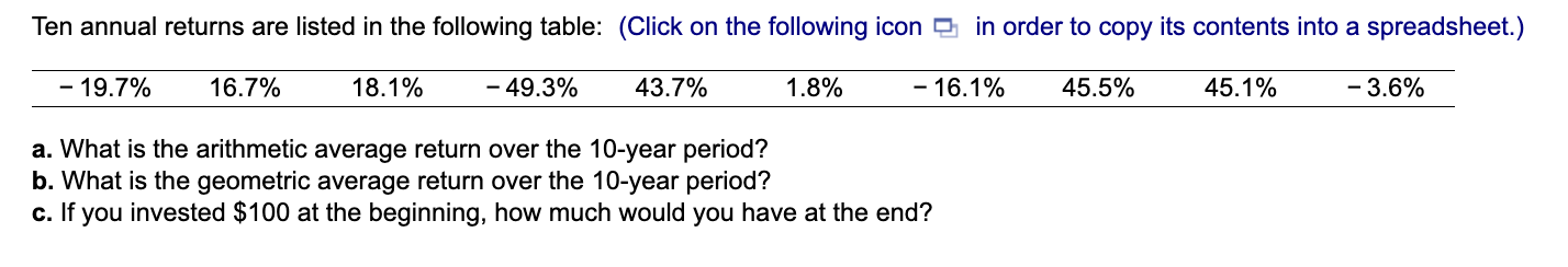 Solved a. What is the arithmetic average return over the 10 | Chegg.com