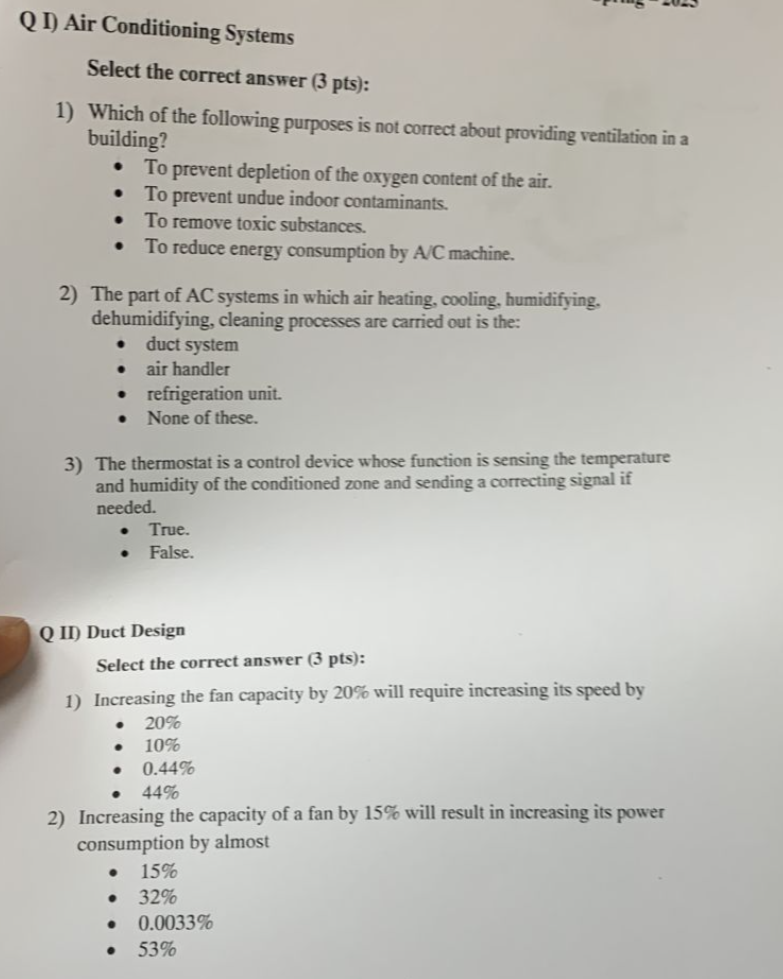 Solved Q I) ﻿Air Conditioning Systems Select the correct | Chegg.com