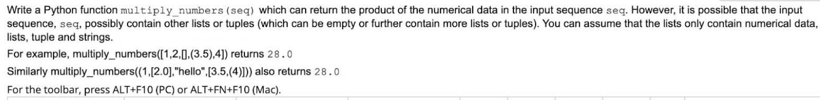 Solved Write a Python function multiply_numbers (seq) which | Chegg.com