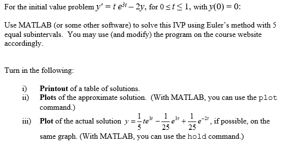 Solved For the initial value problem y′=te3t−2y, for 0≤t≤1, | Chegg.com