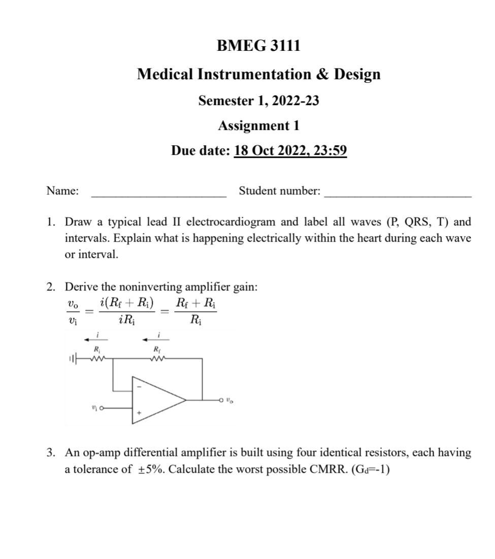 BMEG 3111 Medical Instrumentation \& Design Semester | Chegg.com