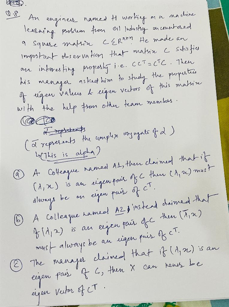 Q.8 An engineer named H working m a machine learning | Chegg.com