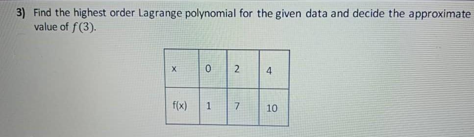 Solved 3) Find the highest order Lagrange polynomial for the | Chegg.com