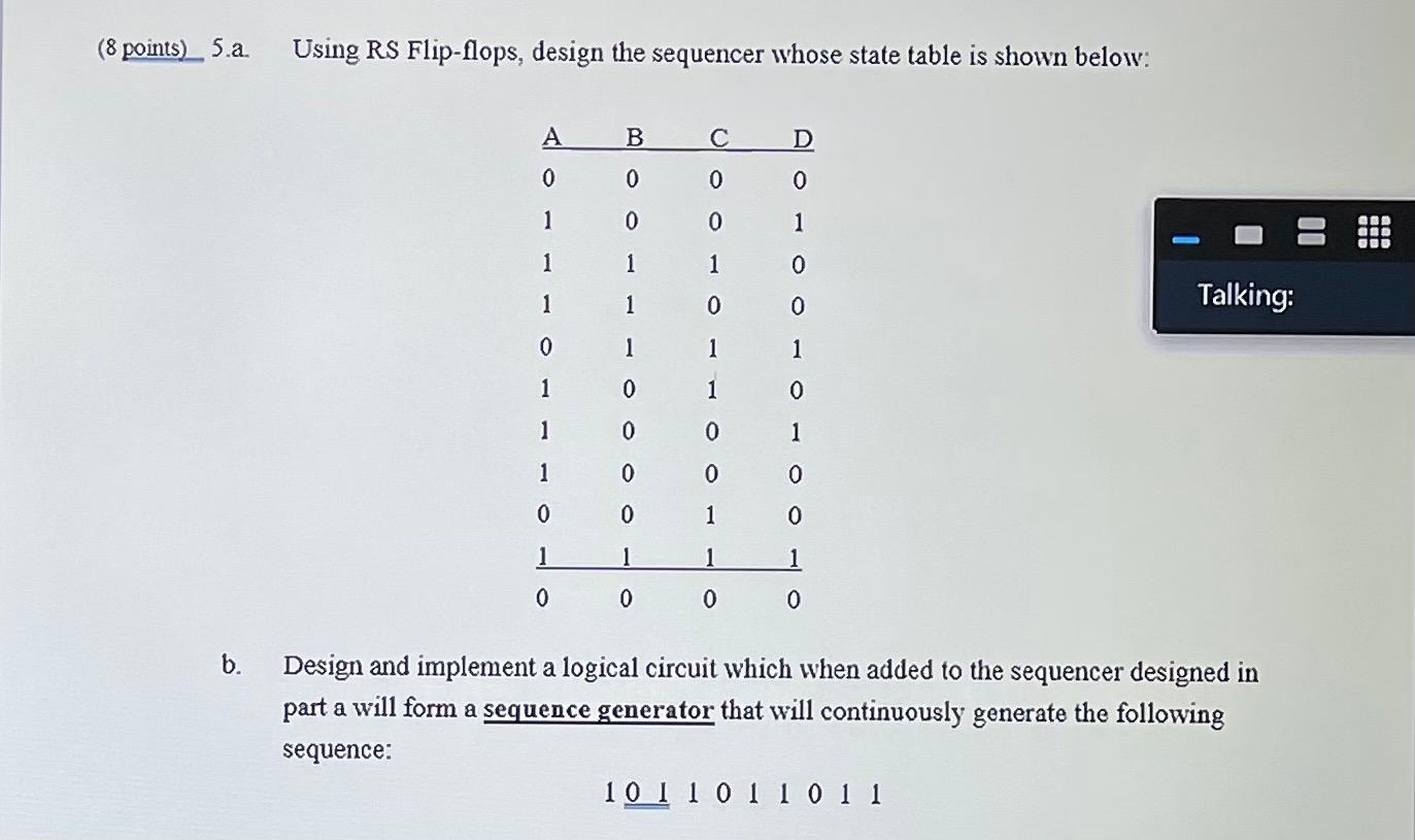 Solved (8 points). 5.a Using RS Flip-flops, design the | Chegg.com