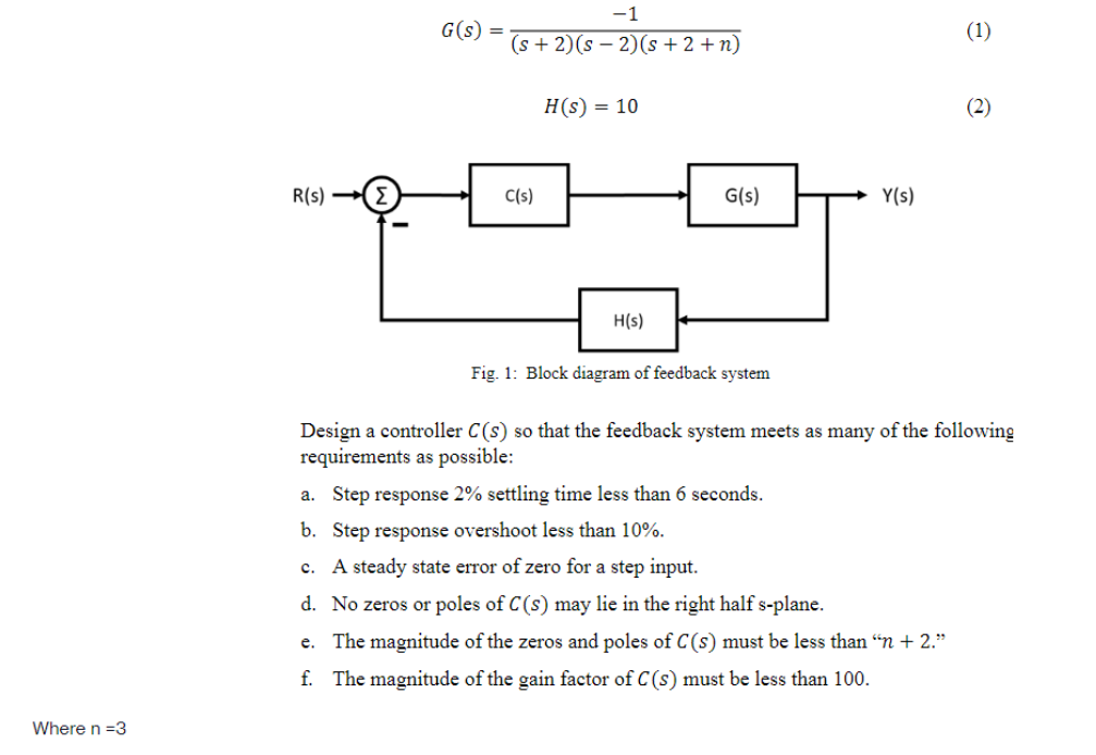 Solved G(s)=(s+2)(s−2)(s+2+n)−1H(s)=10 rig. 1: Block diagram | Chegg.com