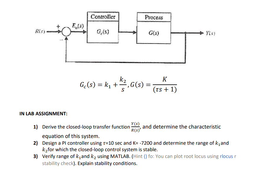 Solved Gc(s)=k1+sk2,G(s)=(τs+1)K LAB ASSIGNMENT: 1) Derive | Chegg.com