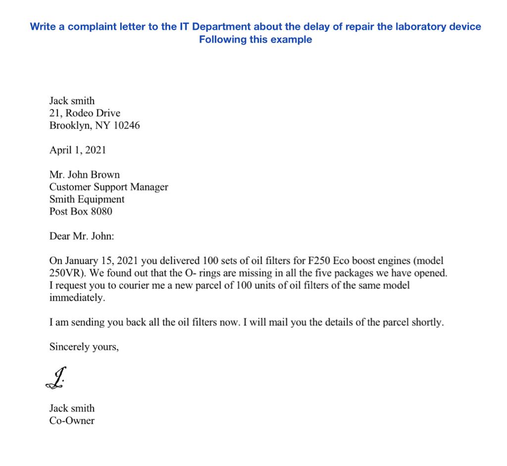 Solved Write a complaint letter to the IT Department about | Chegg.com