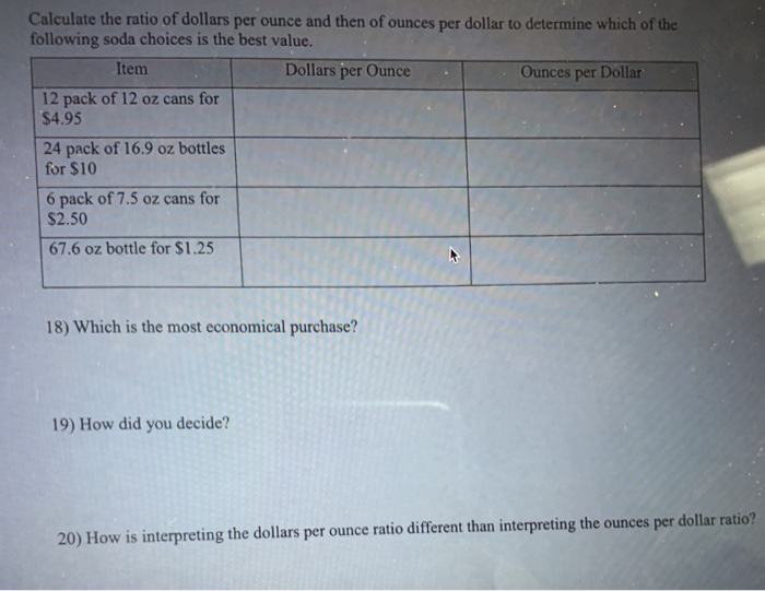 Solved Calculate the ratio of dollars per ounce and then of | Chegg.com