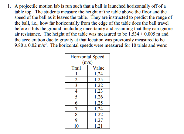 Solved 1. A projectile motion lab is run such that a ball is | Chegg.com