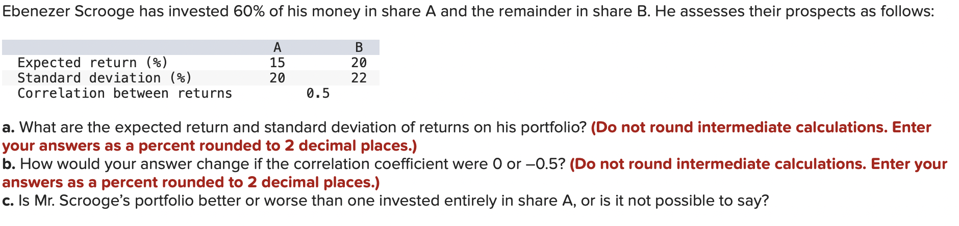 Solved a. What are the expected return and standard | Chegg.com