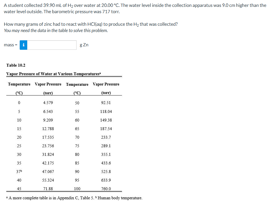 Solved A student collected 39.90 mL of H2 ﻿over water | Chegg.com