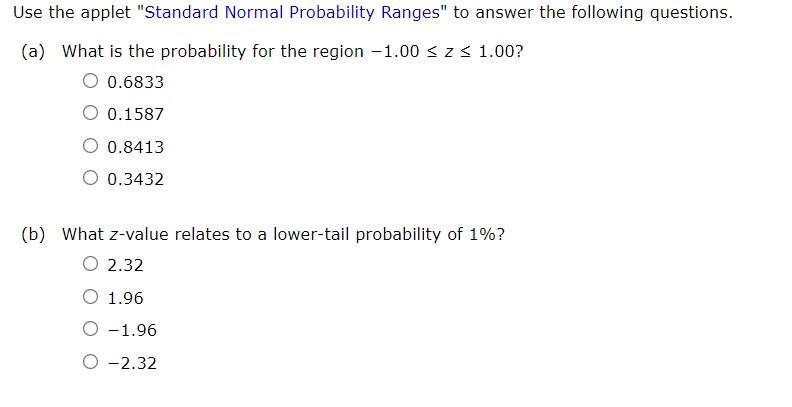 Use the applet "Standard Normal Probability Ranges" | Chegg.com