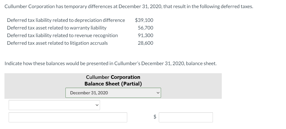 Solved Cullumber Corporation has temporary differences at | Chegg.com