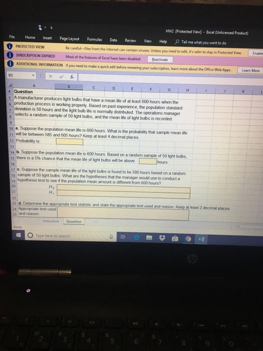 Solved HW2 IProtected View]-Excel (Unlicensed Product) File | Chegg.com