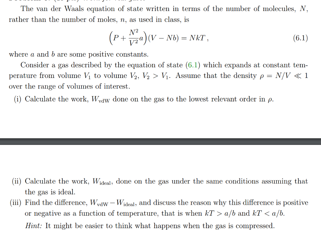 Solved The van der Waals equation of state written in terms | Chegg.com