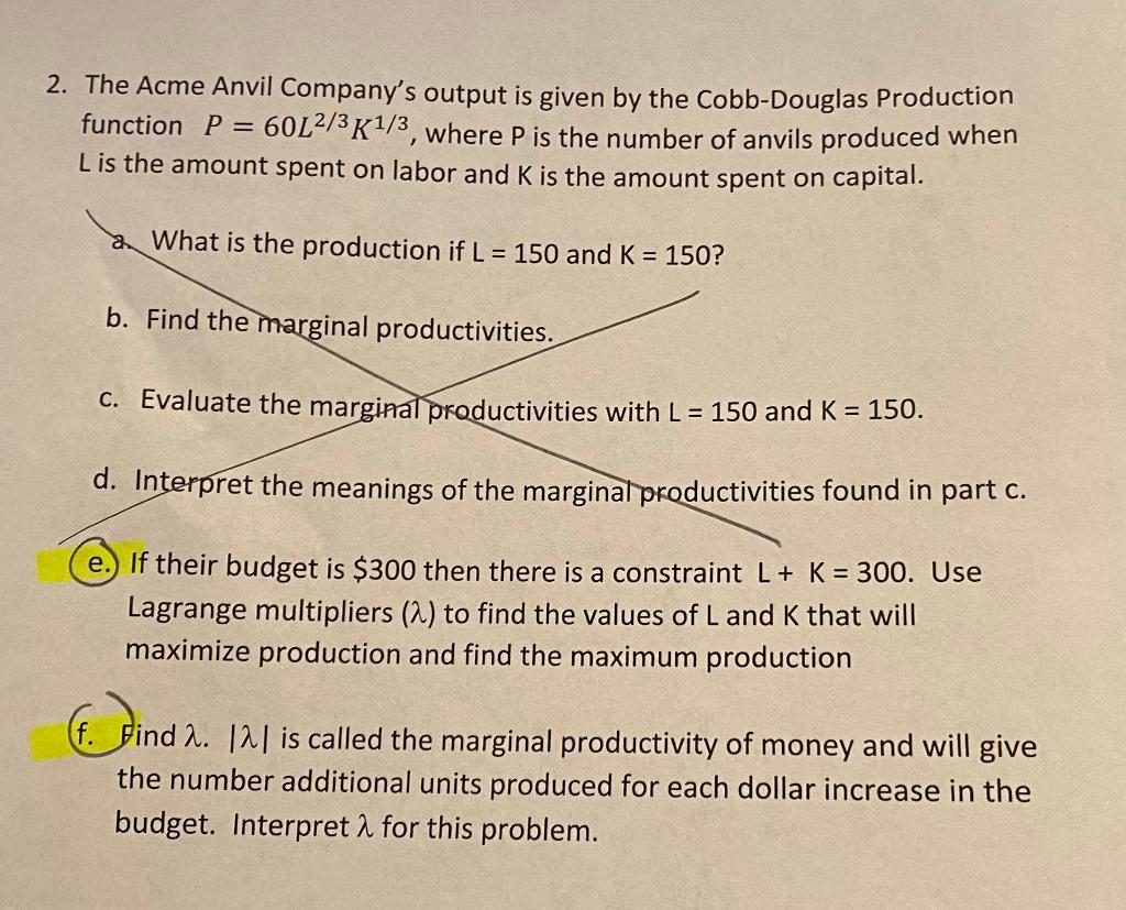Solved 2. The Acme Anvil Company's output is given by the | Chegg.com