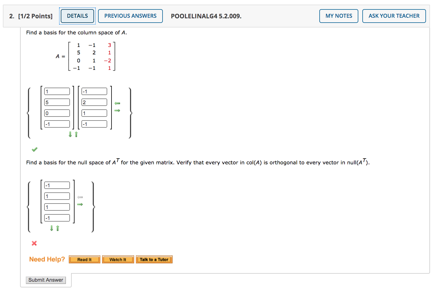 Solved 2. (1/2 points] DETAILS PREVIOUS ANSWERS POOLELINALG4 | Chegg.com