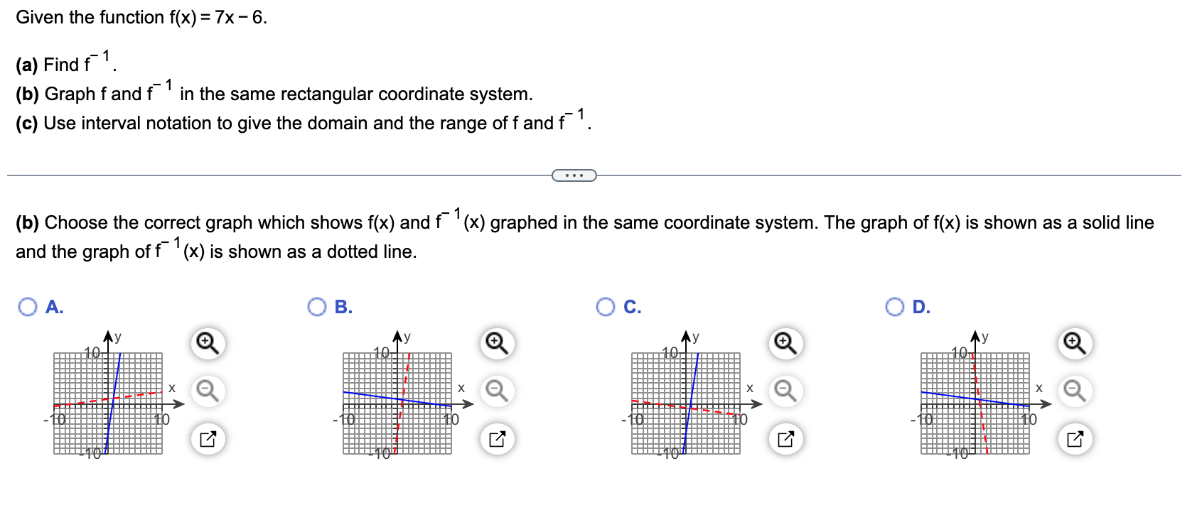 Solved Given the function f(x)=7x−6. (a) Find f−1. (b) Graph | Chegg.com
