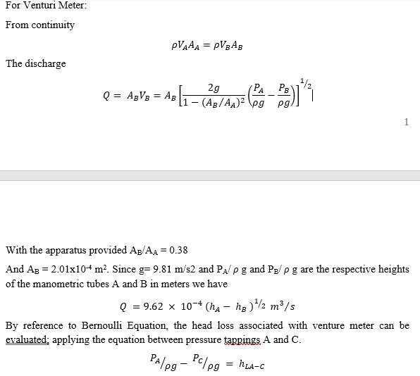 Solved calculate: 1- Volumetric flow rates for Venturi and | Chegg.com