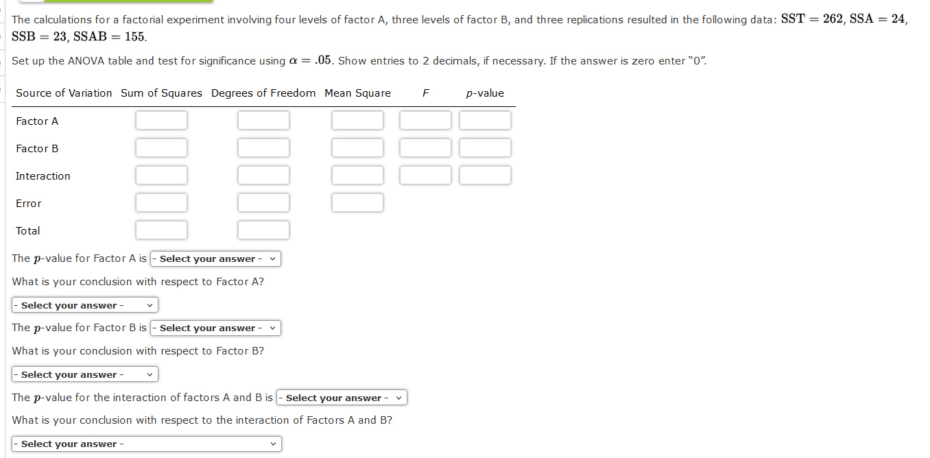 Solved The calculations for a factorial experiment involving | Chegg.com