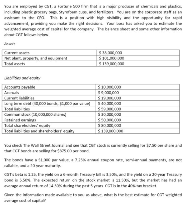 Solved You are employed by CGT, a Fortune 500 firm that is a | Chegg.com