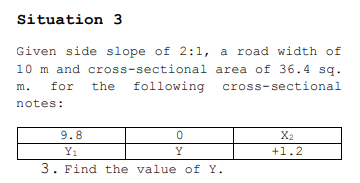 Solved Situation 3 Given side slope of 2:1, a road width of | Chegg.com